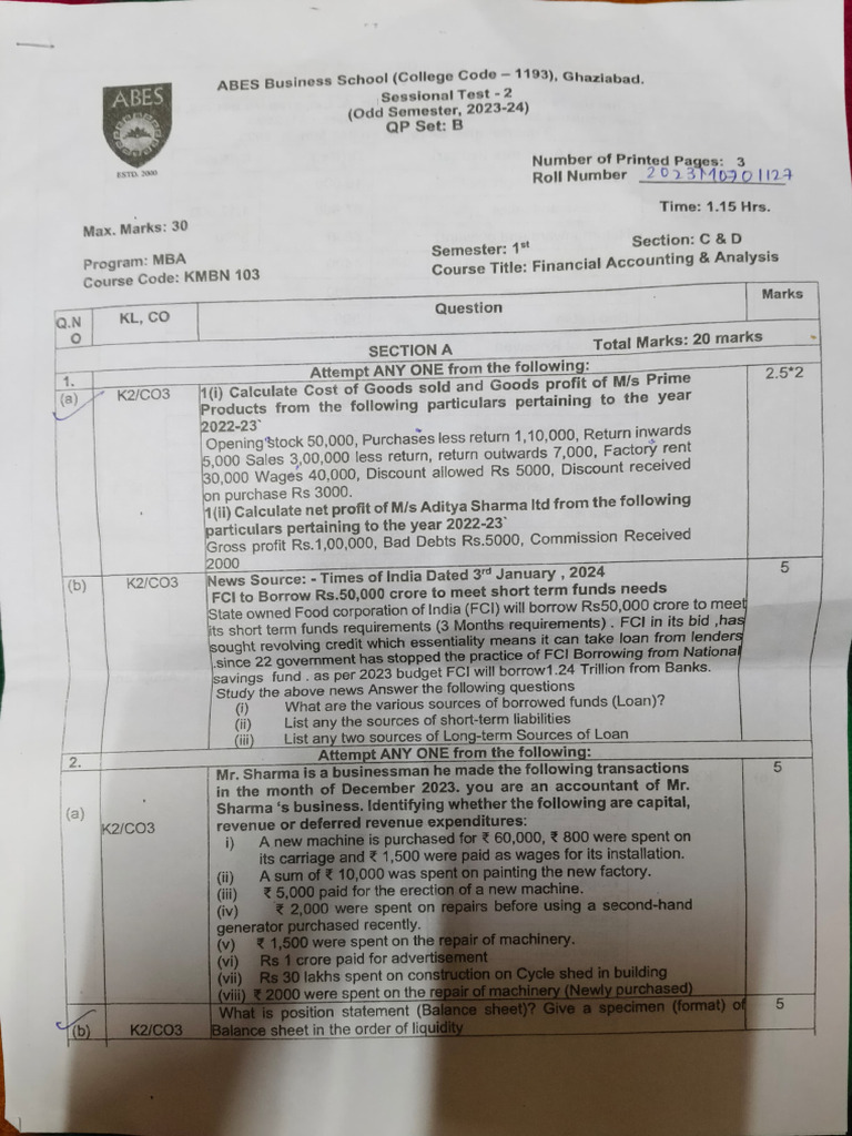 Roll Number 20) 31M090 1124: Semester: 1st Section: C &D | PDF | Balance Sheet | Loans