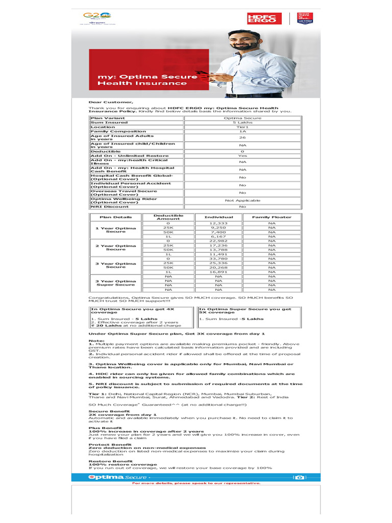 Quotation For Optima Secure | PDF | Insurance | Deductible