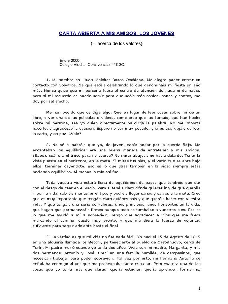 Carta de Don Bosco a los jóvenes | PDF | Jesús | Verdad