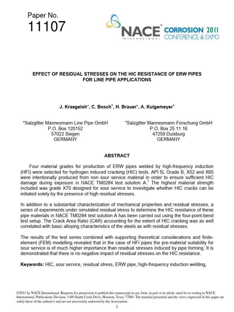 Effect of Residual Stresses On The HIC Resistance of ERW Pipes For Line Pipe Applications | PDF ...