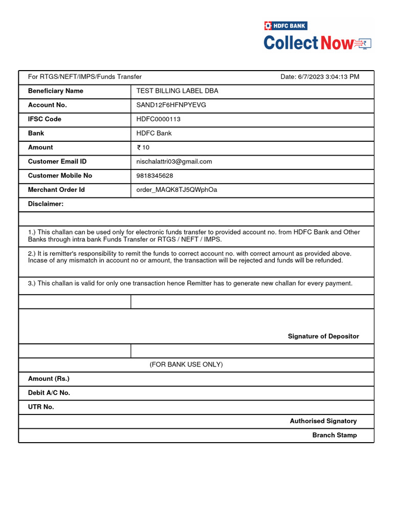 HDFC Funds Transfer Challan Guide | PDF