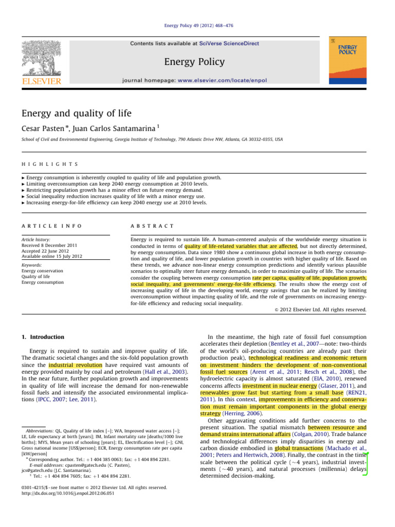Energy and Quality of Life 1 | PDF | Economic Growth | Quality Of Life