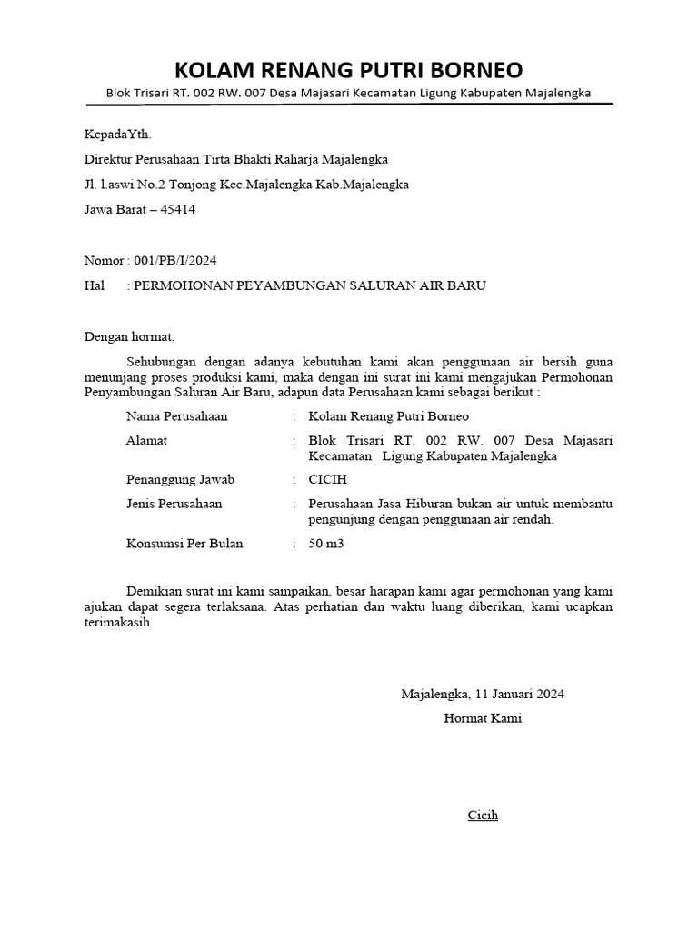 Surat Permohonan PDAM PB | PDF