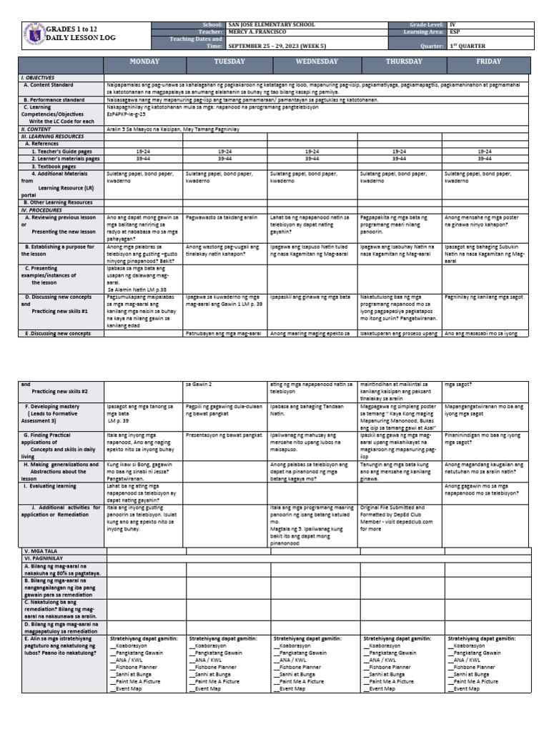 DLL - Esp 4 - Q1 - W5 | PDF