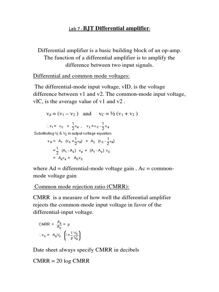 Lab7 BJT Differential Amplifier | PDF