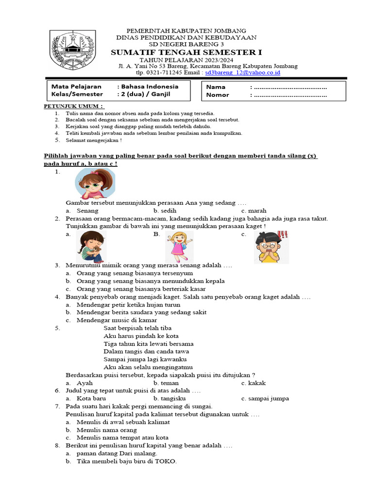 Soal Sumatif Tengah Semester 1 BAHASA INDONESIA Kelas 2 SD | PDF