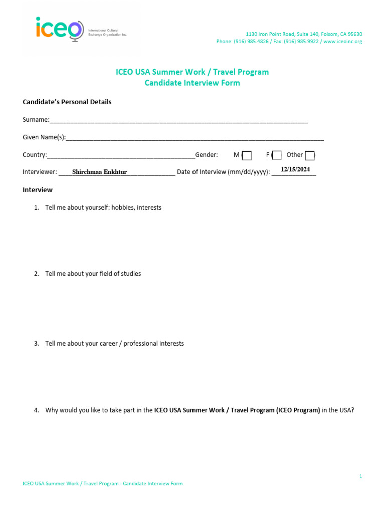 ICEO USA Summer Work / Travel Program Candidate Interview Form | PDF