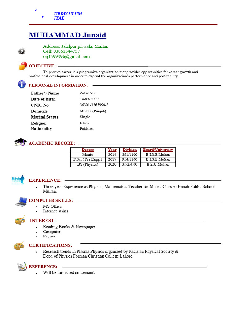 Muhammad Junaid's CV and Career Goals | PDF