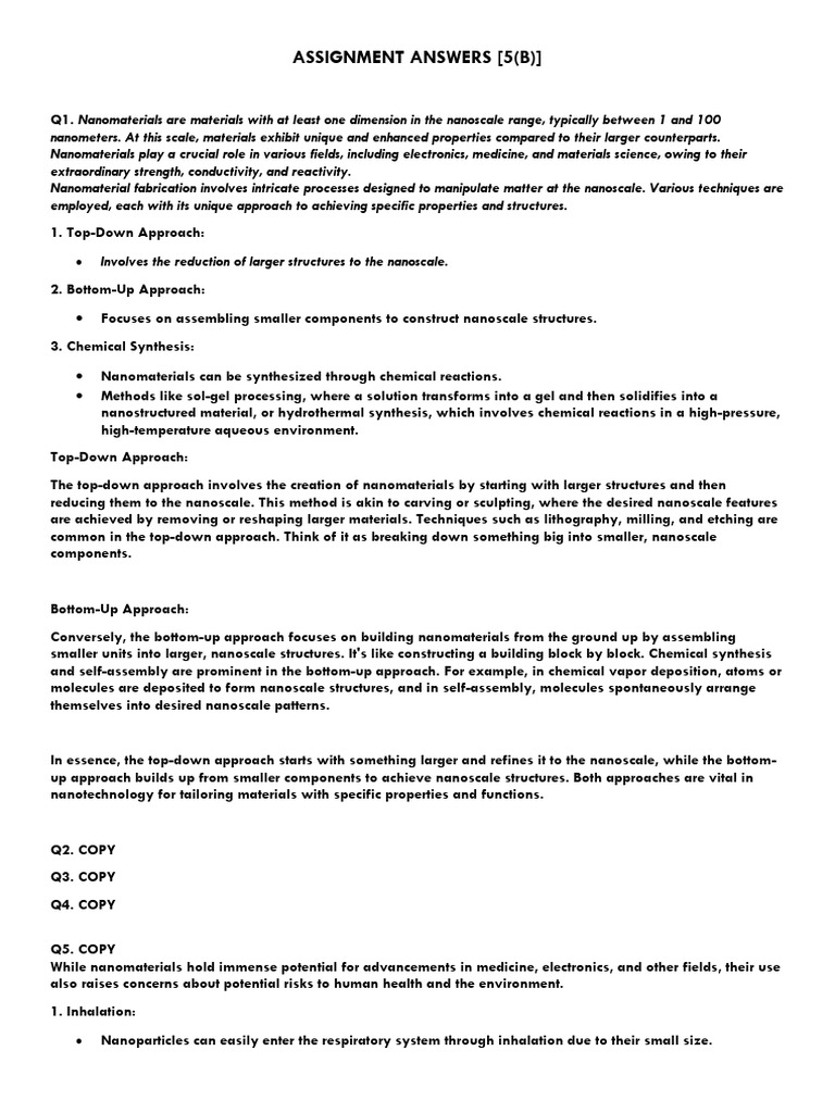 Assignment Answers | PDF | Nanotechnology | Nanomaterials Assignment Answers | PDF | Nanotechnology | Nanomaterials