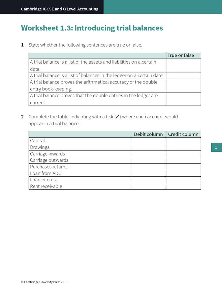 Worksheet 1.3 Introducing Trail Balances | PDF | Debits And Credits | Money