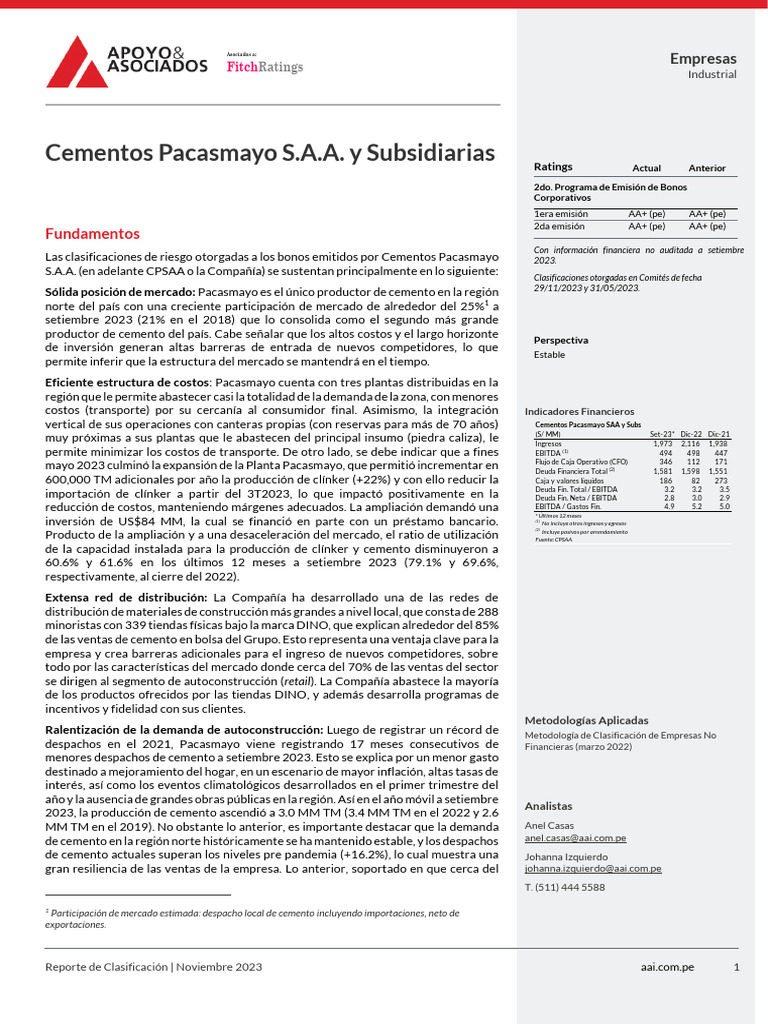 Clasificación de Cementos Pacasmayo 2023 | PDF | Bonos corporativos | Deuda