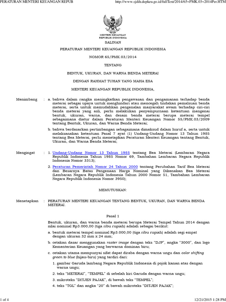 Peraturan Bentuk dan Warna Meterai 2014 | PDF