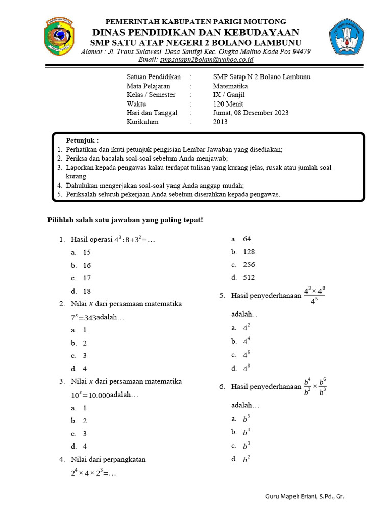 Soal PAS Matematika Kelas 9 - Ganjil | PDF
