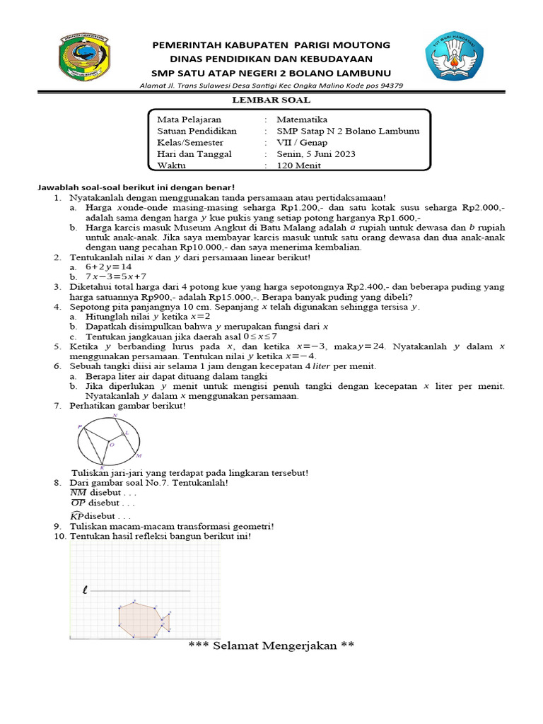 Soal Semester Genap Matematika Kelas 7 | PDF