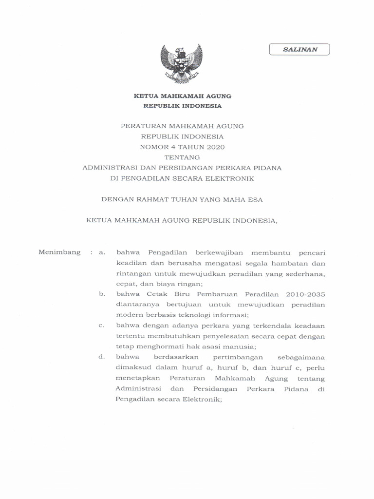 PERMA Administrasi Perkara Elektronik 2 (Pidana) - PERMA 4:2020 ...
