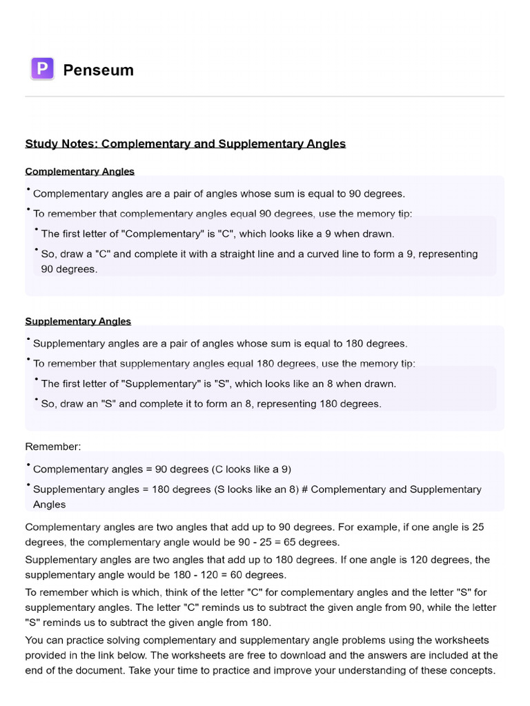 Complementary Supplementary Angles Pdf