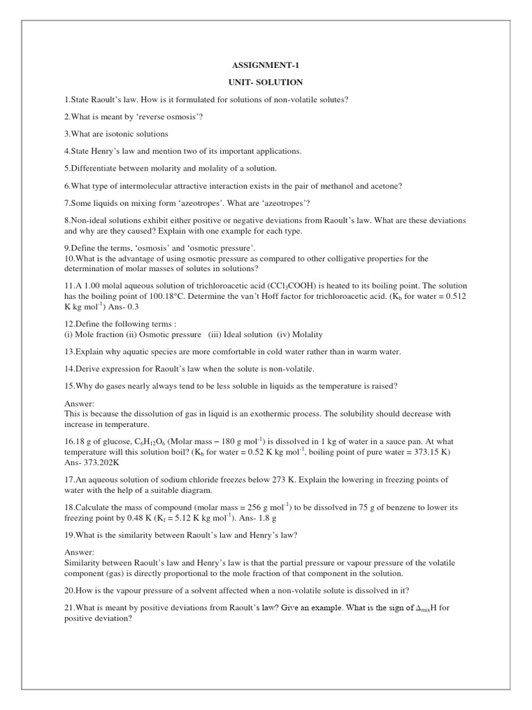 ASSIGNMENT-Solution Cbse | PDF | Mole (Unit) | Solubility ASSIGNMENT-Solution Cbse | PDF | Mole (Unit) | Solubility