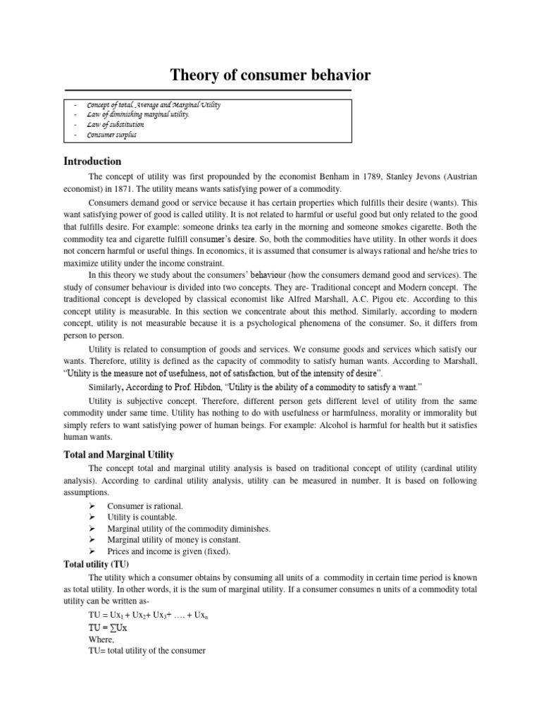 Utility Analysis Pdf Utility Marginal Utility