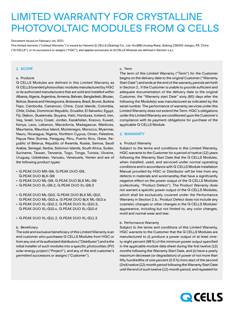 Q CELLS HQCQDC Warranty Terms Modules Q.PEAK DUO-G9-G11 Series Global ...