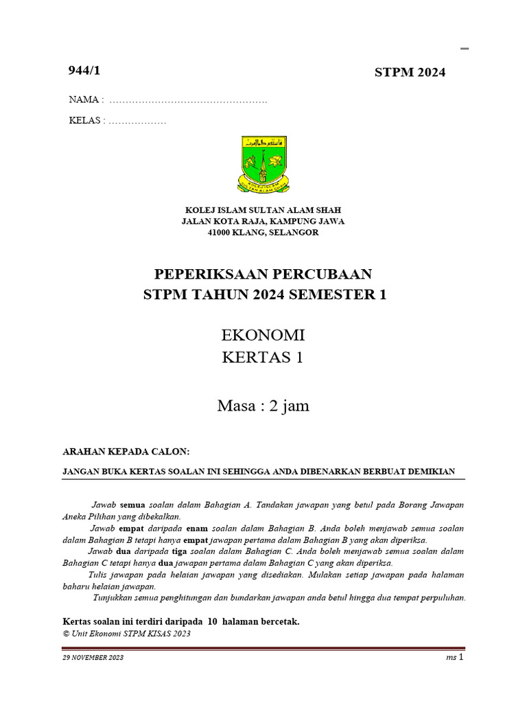 Trial K1 2024 Soalan | PDF