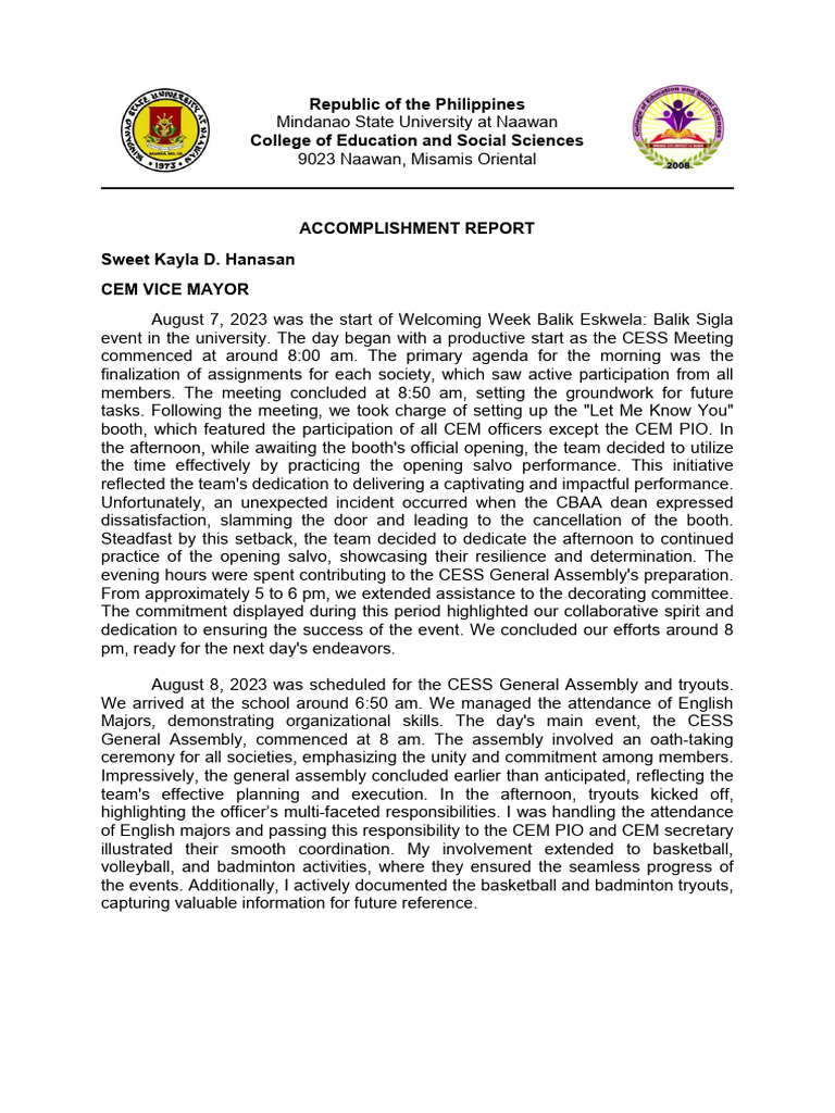 Accomplishment Report | PDF | Sports & Recreation | Wellness