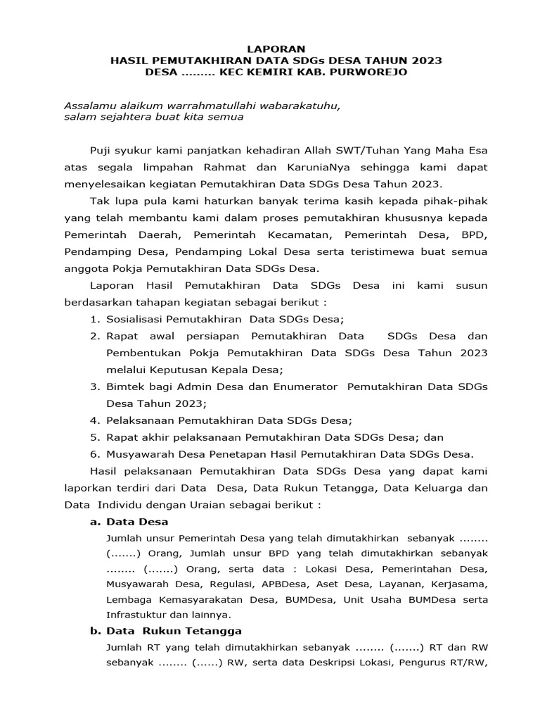 LAPORAN KETUA POKJA PEMUTAKHIRAN DATA SDGs DESA - Kemiri | PDF
