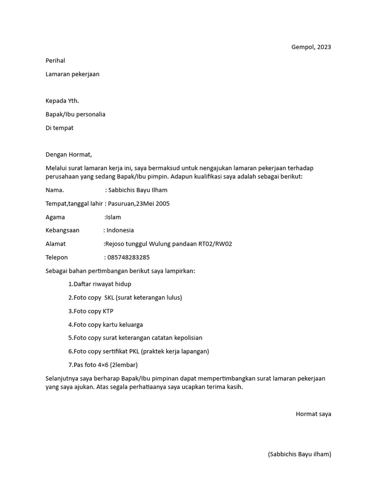 Surat Lamaran Kerja (Abi) | PDF