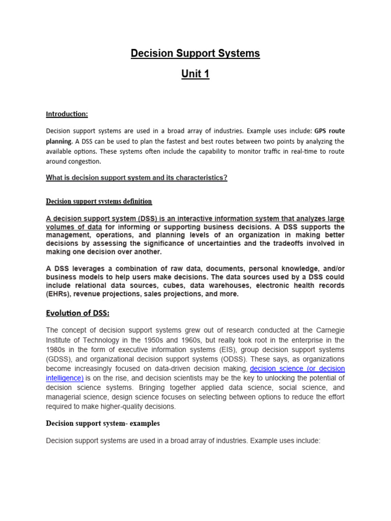 Decision Support Systems - Unit 1 & 2 | PDF