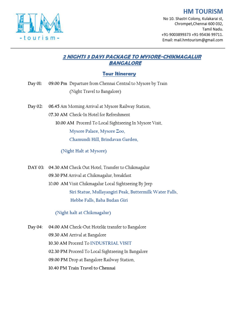 Mysore Chikmagalur Bangalore 3 Days | PDF