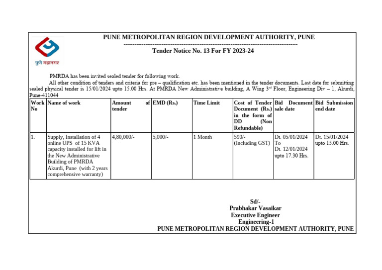 PMRDA Tender for UPS Installation | PDF
