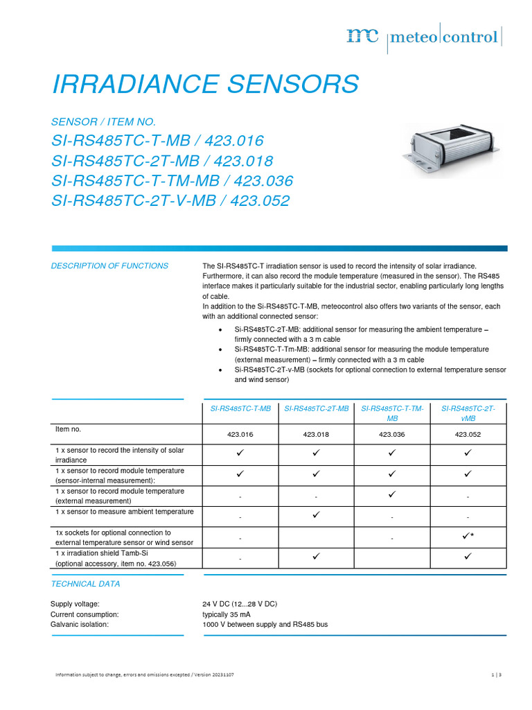 Irradiance Sensors Overview and Specs | PDF