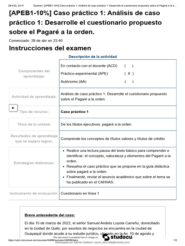 Examen Apeb 1 10 Caso Practico 1 Analisis de Caso Practico 1 Desarrolle El Cuestionario ...