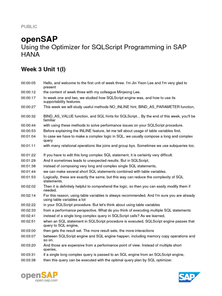 openSAP Hanasql2 Week 3 Transcript EN | PDF | Parameter (Computer Programming) | Sql