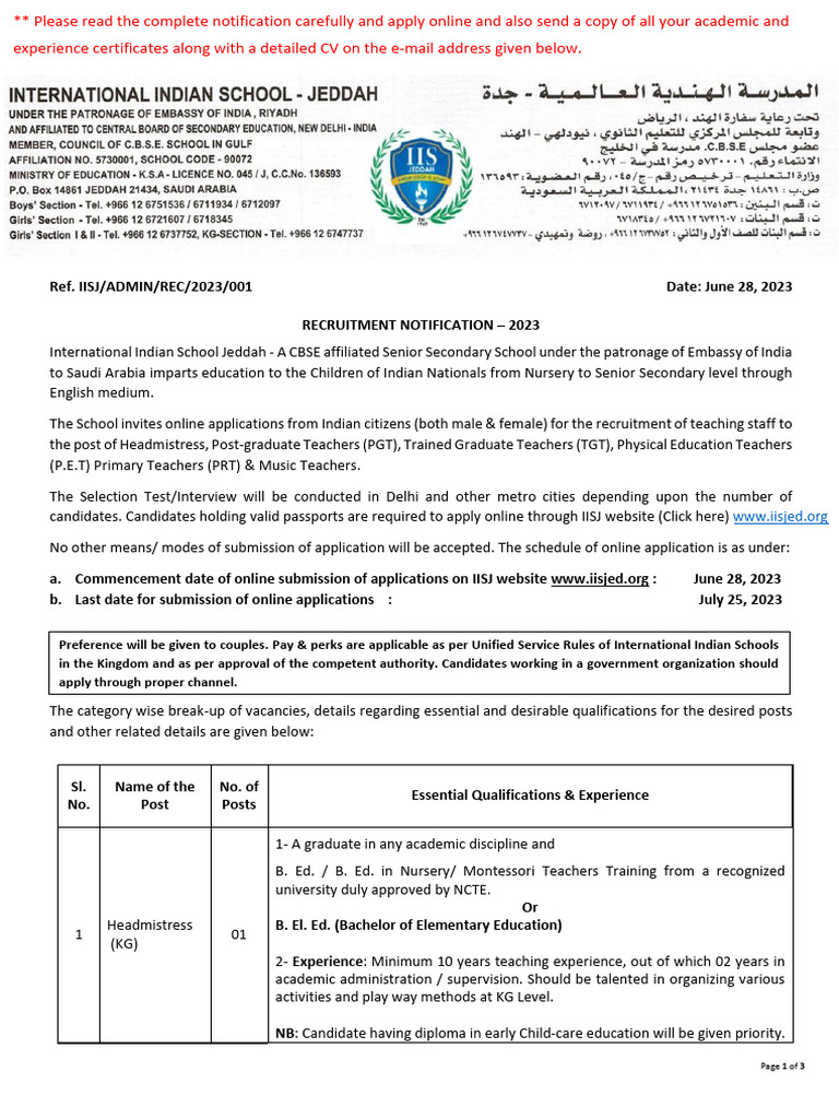 India Recruitment Notification - Teaching - Da8-Jun-2023 | PDF ...