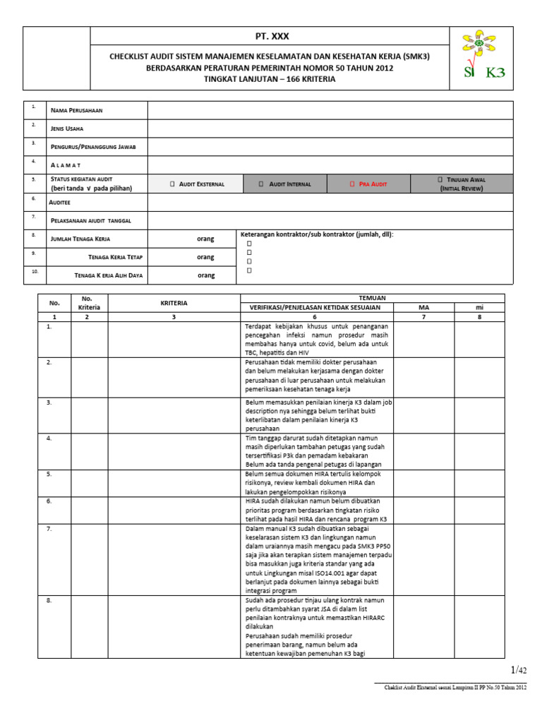 Cek List Detail Interpretasi Kriteria Audit SMK3 - 166 Kriteria Latihan ...