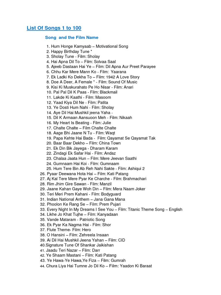 Bollywood Songs List with Film Names | PDF