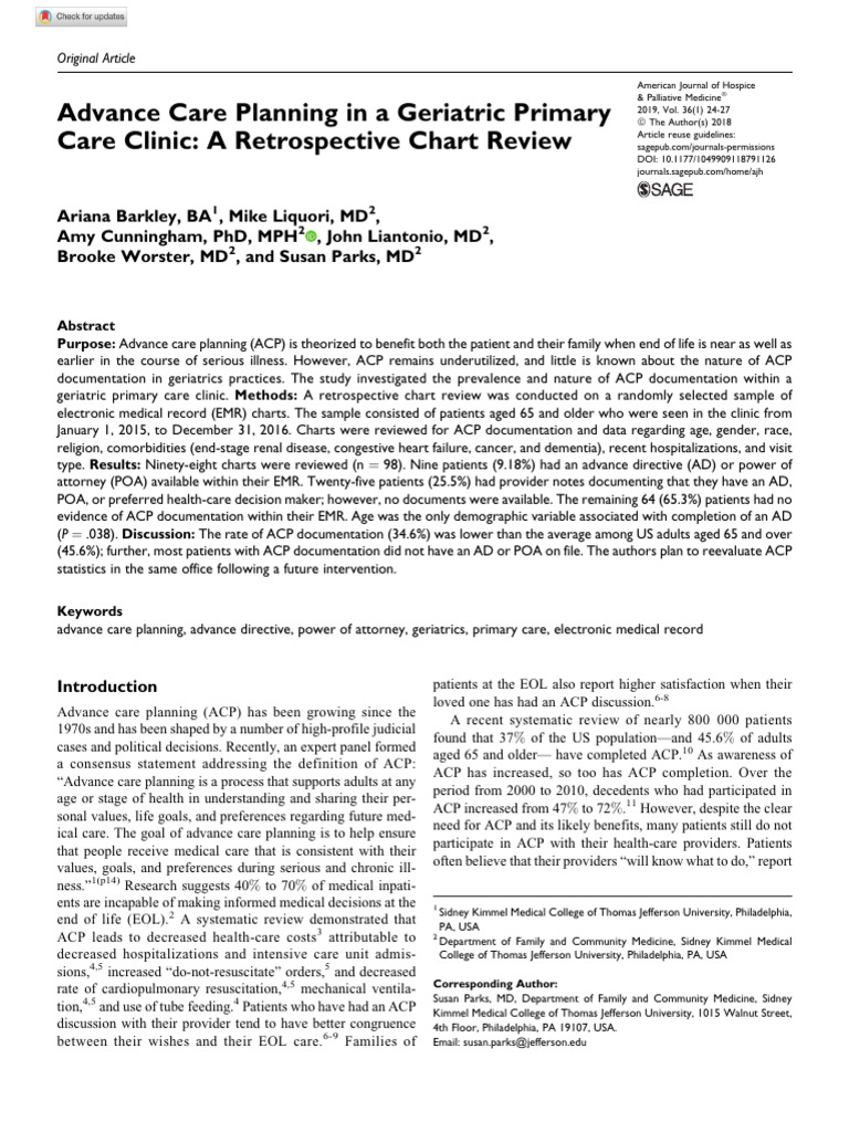 Barkley Et Al 2018 Advance Care Planning in A Geriatric Primary Care ...