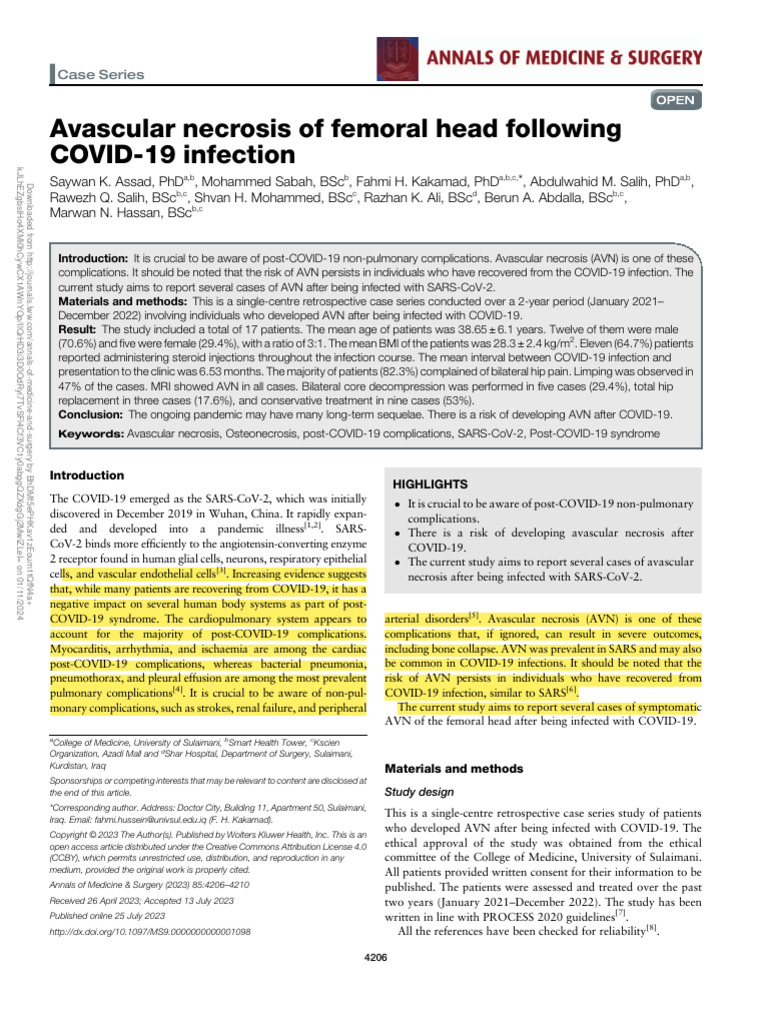 Avascular Necrosis Post-COVID-19: Cases | PDF | Diseases And Disorders ...