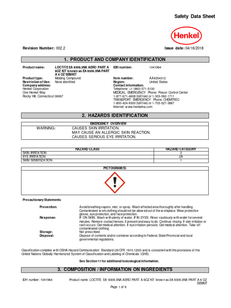 LOCTITE EA 9309 Msds | PDF | Firefighting | Oxide