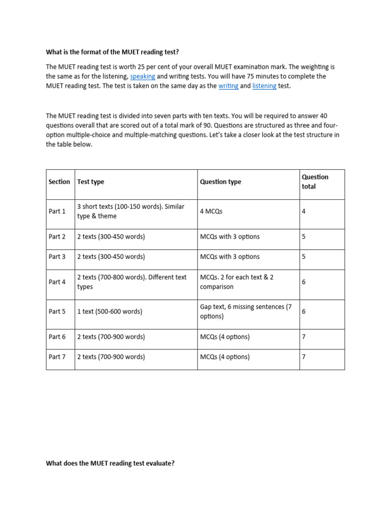 MUET Reading Test Format and Tips | PDF