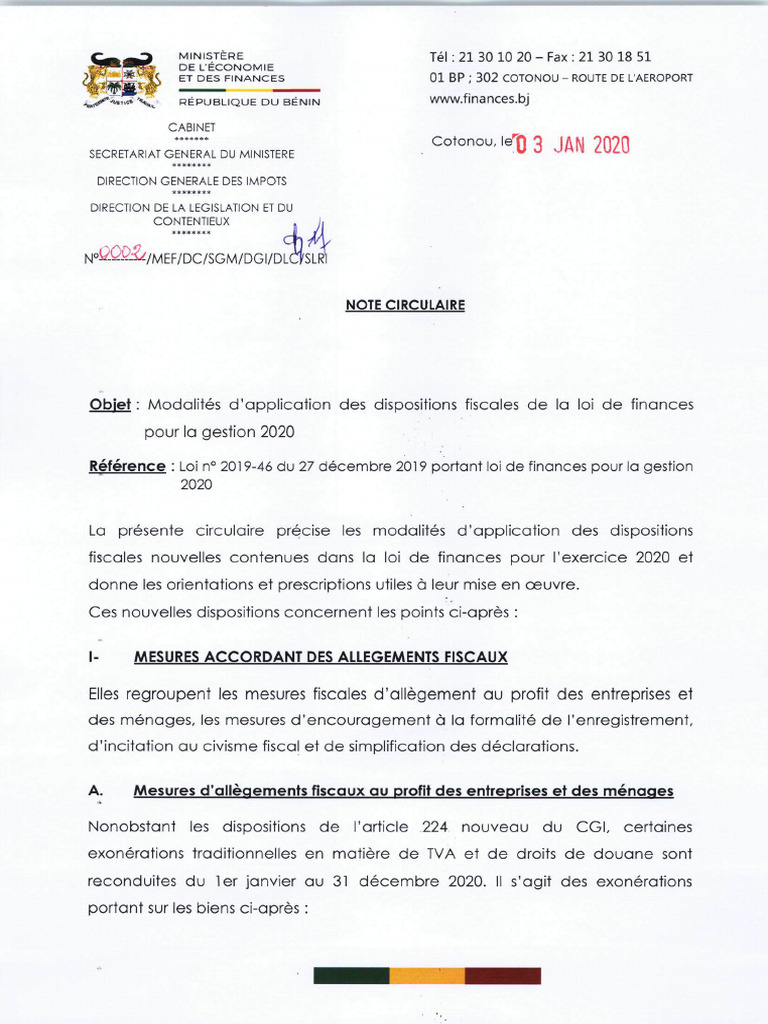 Note Circulaire Modalites Dapplication Des Dispositions Fiscales de La ... Note Circulaire Modalites Dapplication Des Dispositions Fiscales de La ...