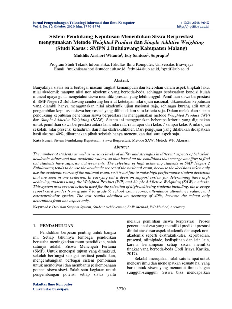 Sistem Pendukung Keputusan Menentukan Siswa Berprestasi DG Metode WP Dan SAW | PDF
