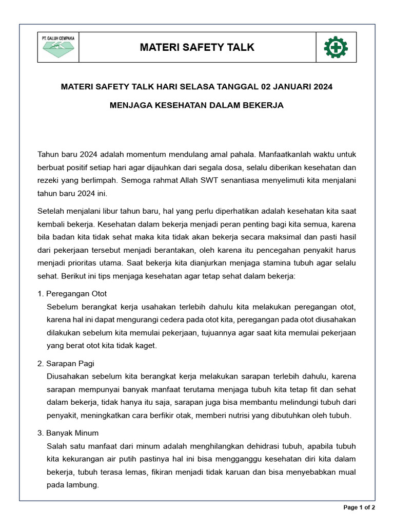 Materi Safety Talk - Selasa 02-01-2024 | PDF