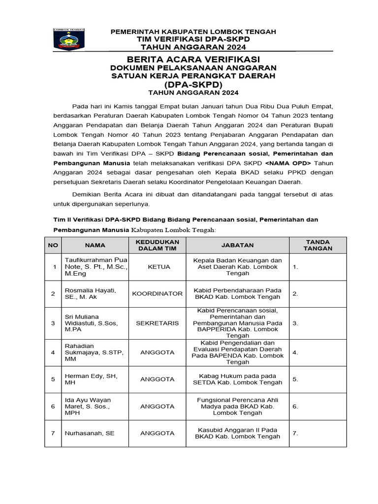 Berita Acara Verifikasi Dpa 2024 Bidang Sosbud | PDF