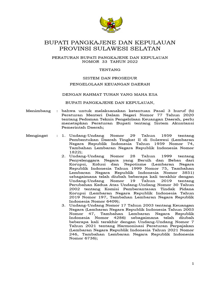 Perbup 33 - 2022 TTNG Sistem Dan Prosedur Pengelolaan Keuangan Daerah | PDF