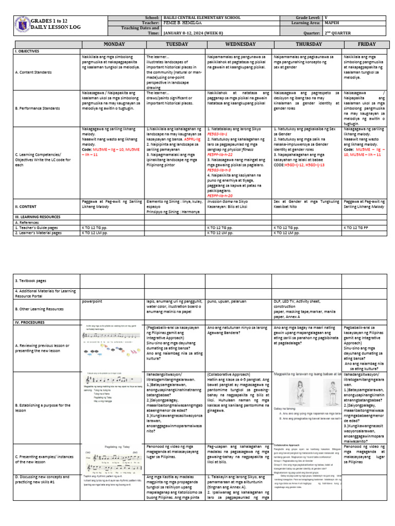 DLL - Mapeh 5 - Q2 - W8 | PDF