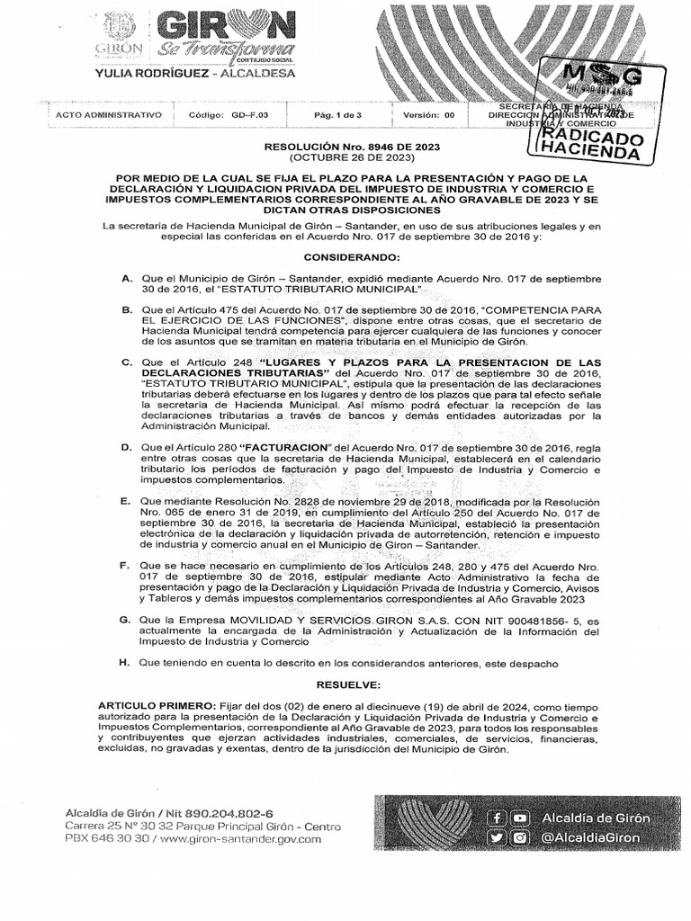 RESOLUCION No 8946 DE 2023 Presentacion y Pago Ind y Comercio | PDF