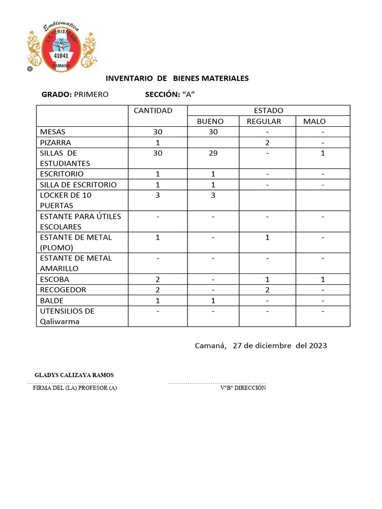 INVENTARIO BIENES MATERIALES. Inicial y Primaria | PDF