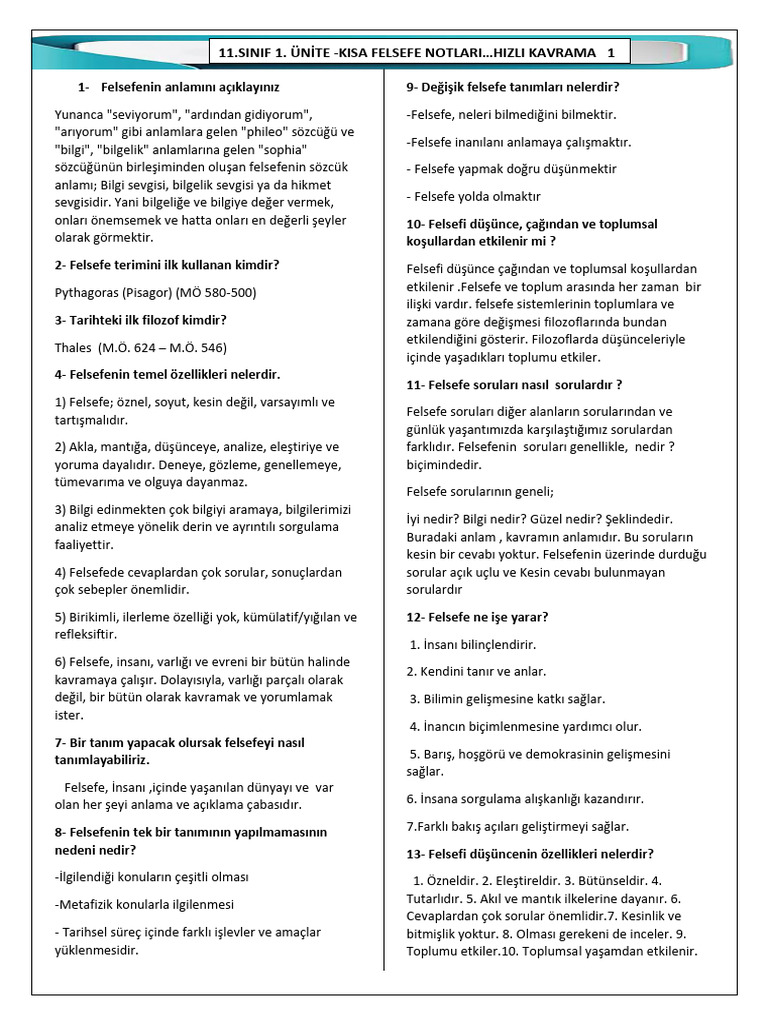 11.sinif Felsefe 1. Unite Ders Notlari | PDF