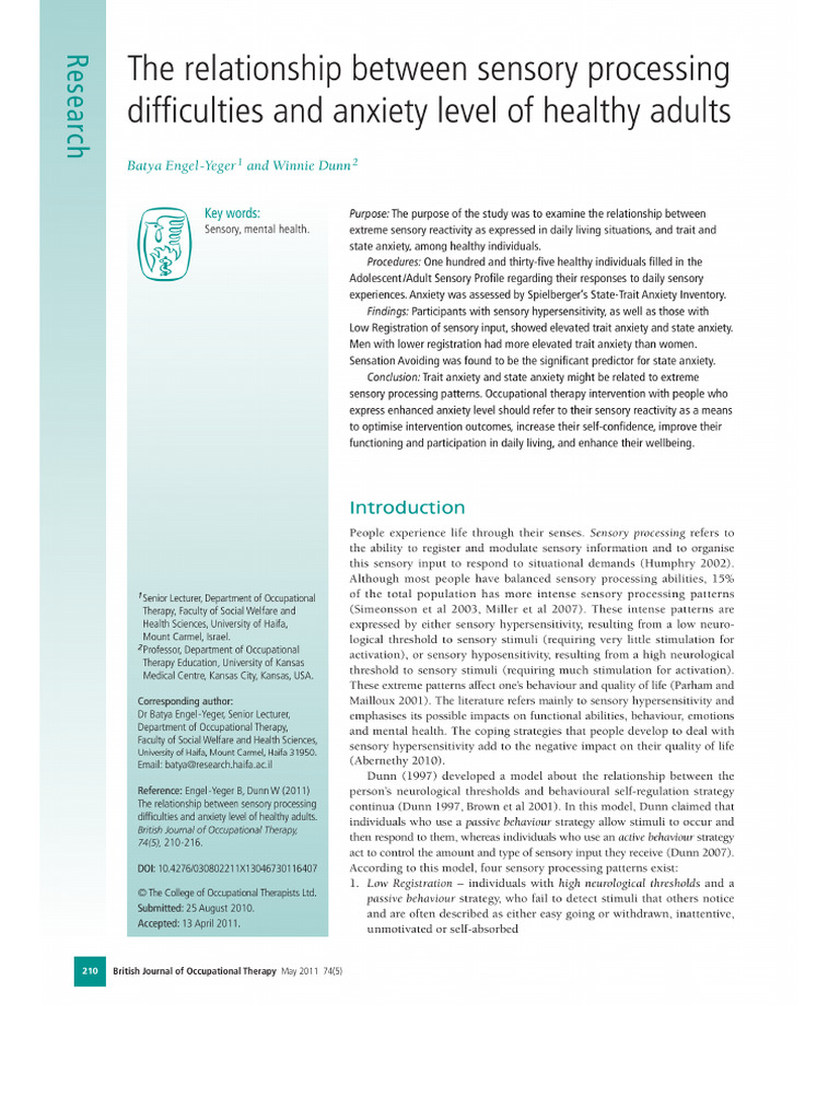 The Relationship Between Sensory Processing Difficulties and Anxiety ... The Relationship Between Sensory Processing Difficulties and Anxiety ...